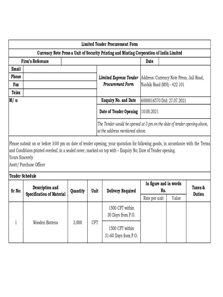Fillable Online cnpnashik.spmcil.comUploadDocumentTransitLIMITED TENDER PROCUREMENT FORM Unit ...