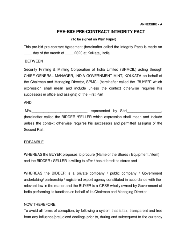 Fillable Online spmcil.comUploadDocumentintegrity pact(finalPRE-BID ...