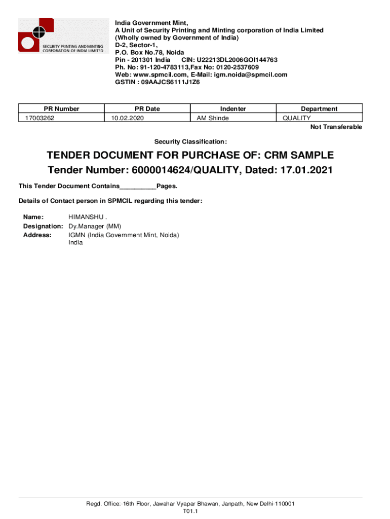 Fillable Online SPMCIL - Tender Document for purchase of: CRM SAMPLE ...