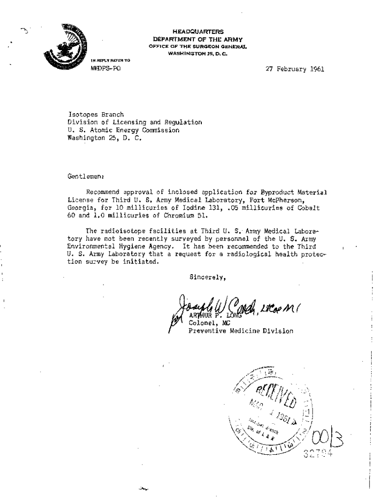 Fillable Online Letter from Col. Arthur P. Long, Army, to Isotopes ...