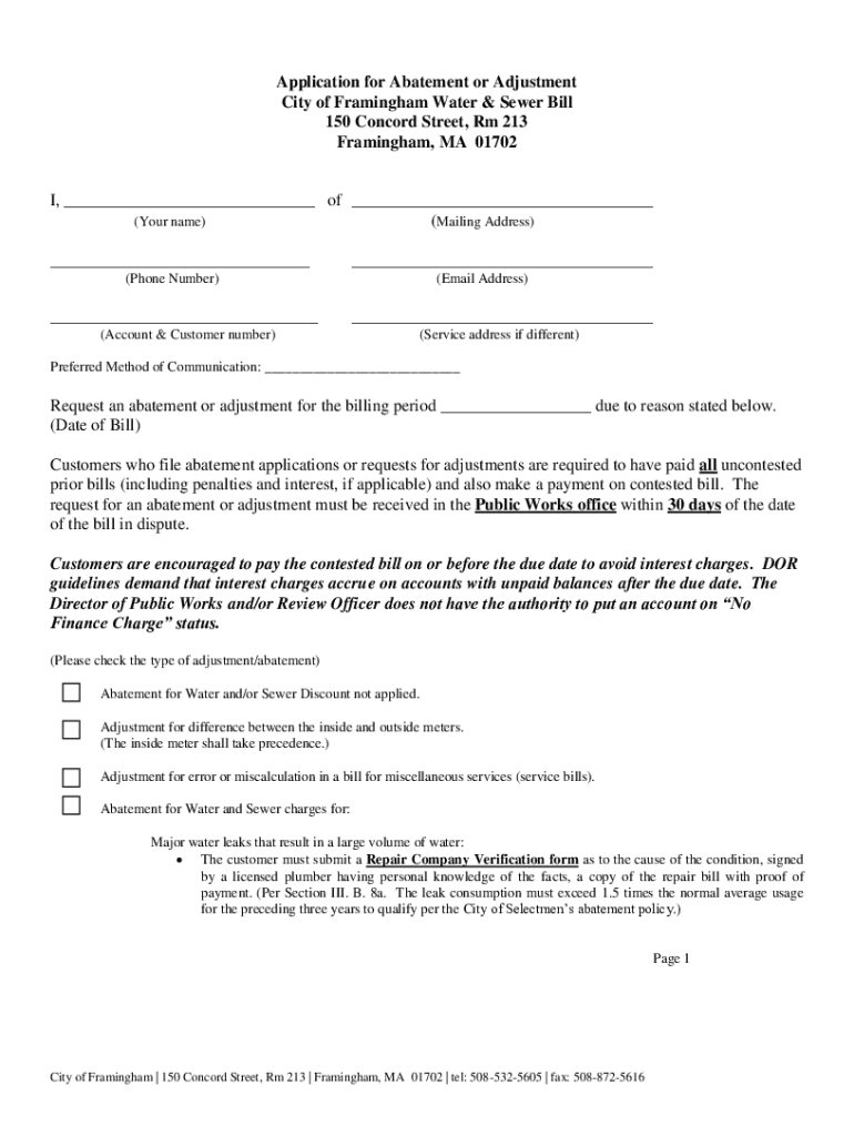 Fillable Online Application for Abatement or Adjustment - Framingham Fax Email Print - pdfFiller