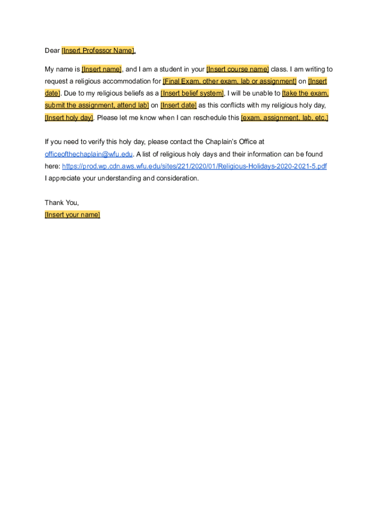 Fillable Online Religious Accommodation Email Template/Request Form Fax ...