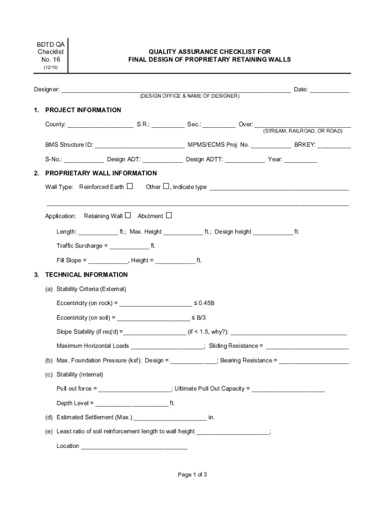 Fillable Online BDTD QA Checklist No. 16 - Final Design of Proprietary ...