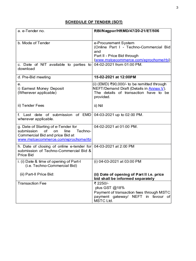 Fillable Online SCHEDULE OF TENDER (SOT) a. e-Tender no. RBI/Nagpur ...