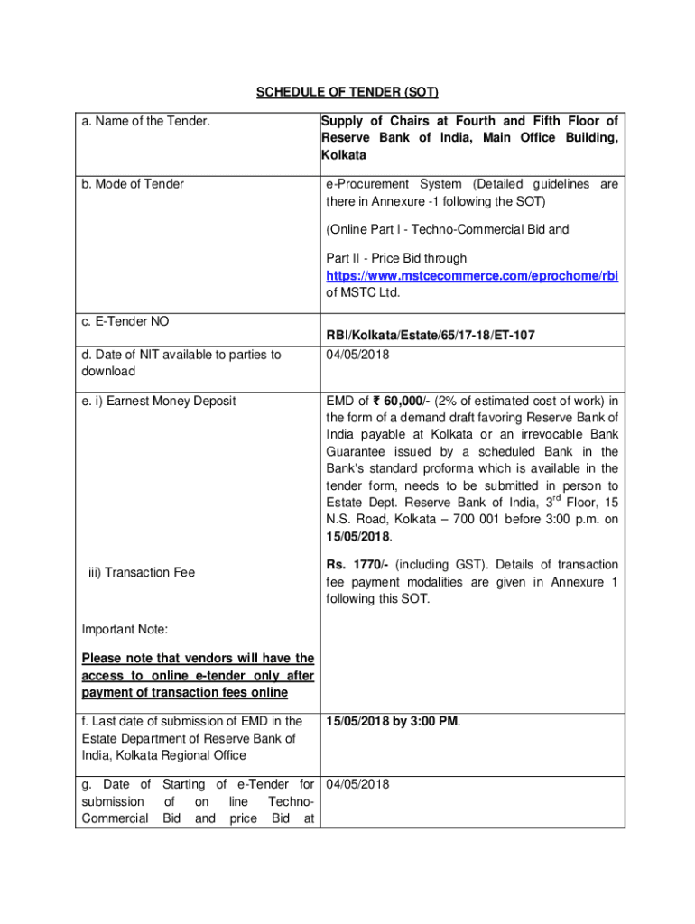 Fillable Online Schedule of Tender (SOT) - Reserve Bank of India Fax ...