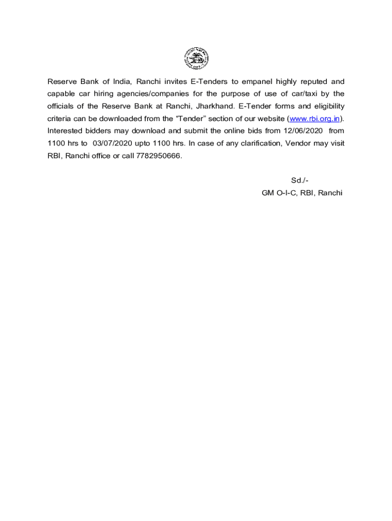 Fillable Online Reserve Bank of India, Ranchi invites E-Tenders to ...