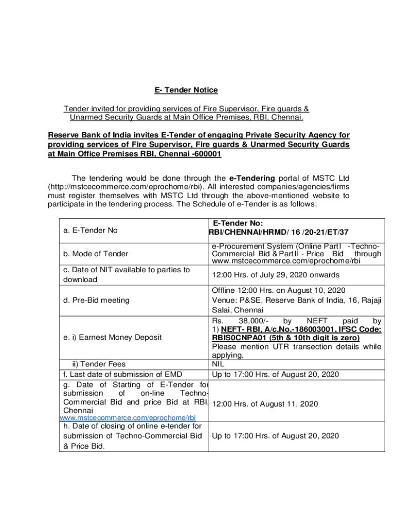 Fillable Online E- Tender Notice Tender invited for providing services of Fire ... Fax Email ...
