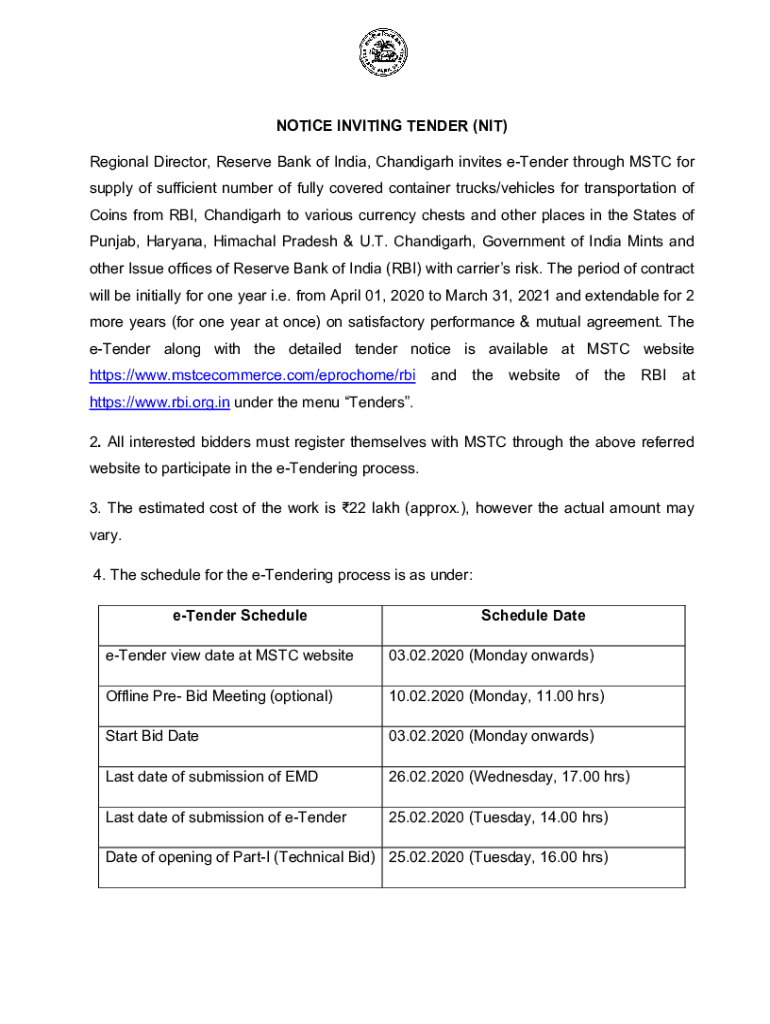Fillable Online notice inviting tender (nit) - Reserve Bank of India Fax Email Print - pdfFiller