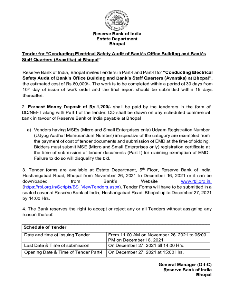 Fillable Online Reserve Bank of India Estate Department Bhopal Tender ...
