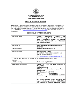 Fillable Online NOTICE INVITING TENDER SCHEDULE OF TENDER (SOT ...