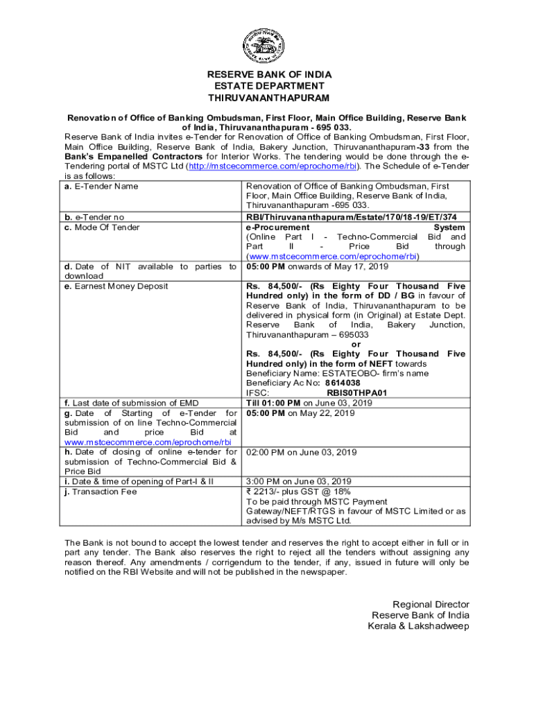 Fillable Online Renovation of Office of Banking Ombudsman, First Floor ...
