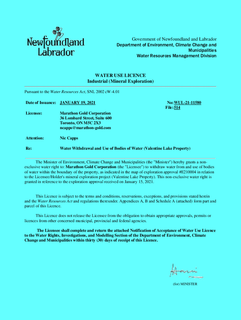 Fillable Online WATER USE LICENCE Industrial (Mineral Exploration ...