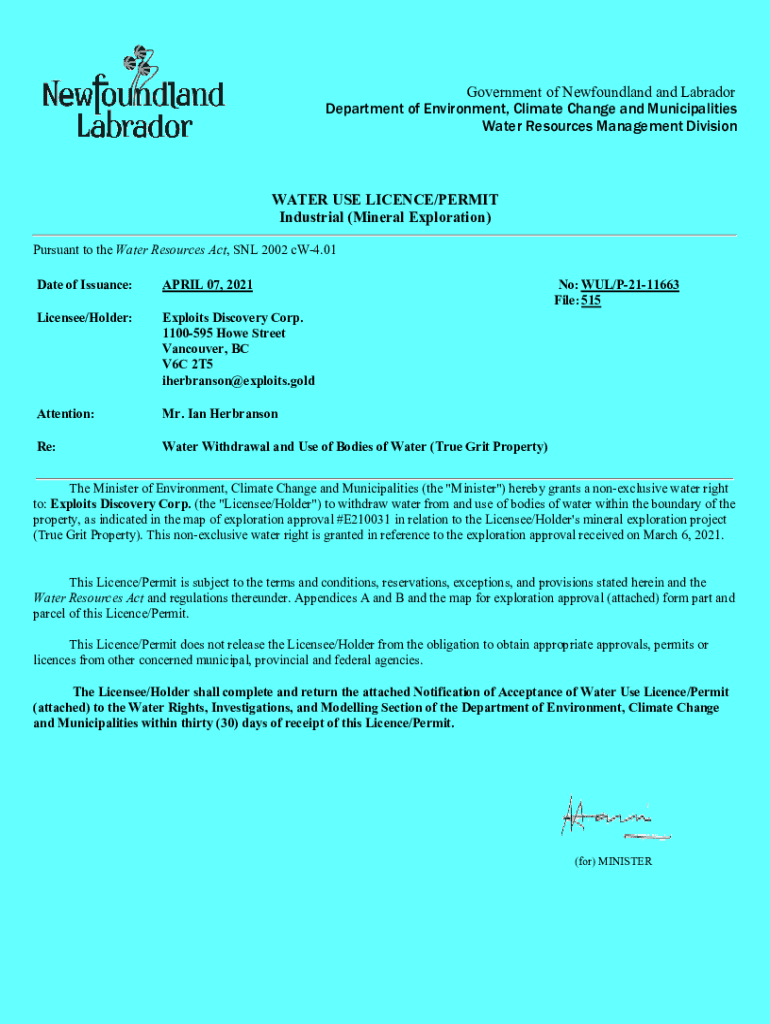 Fillable Online WATER USE LICENCE/PERMIT Industrial (Mineral ...