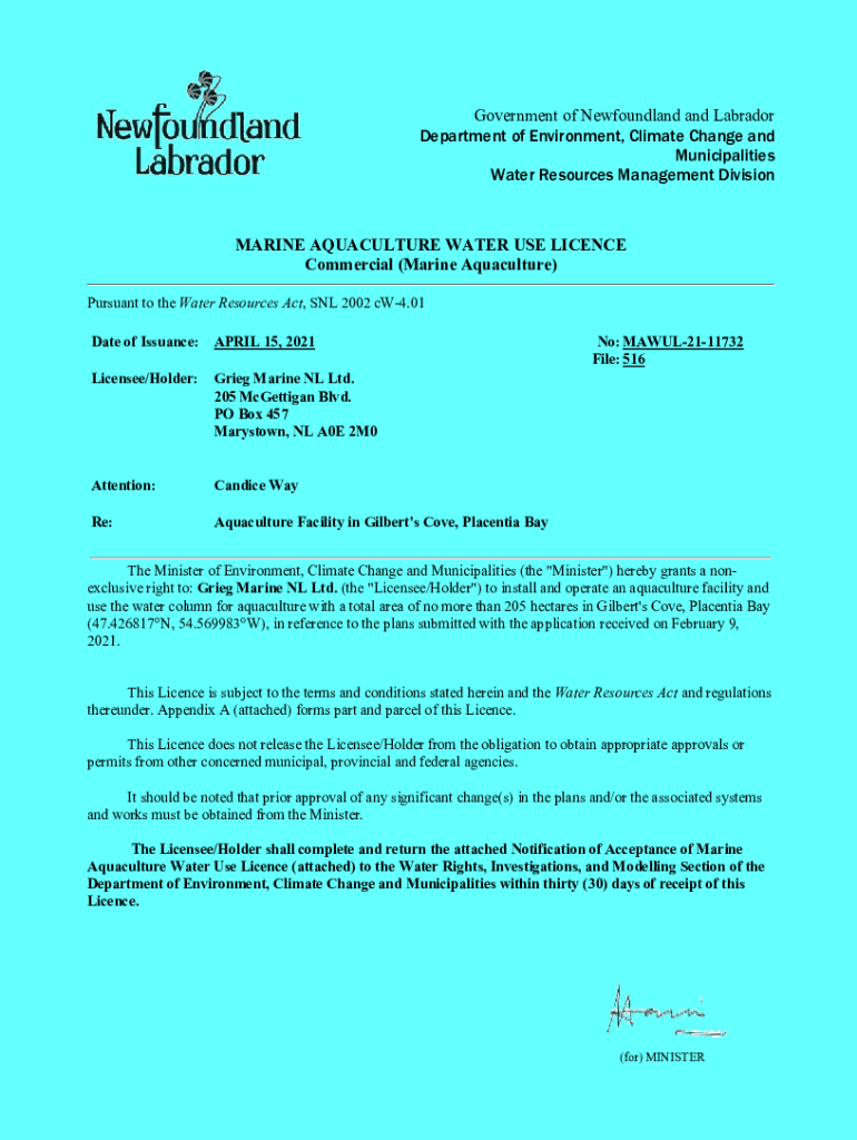 Fillable Online MARINE AQUACULTURE WATER USE LICENCE Commercial (Marine ...
