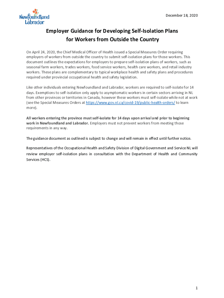 Fillable Online Employer Guidance for Developing Self-Isolation Plans ...