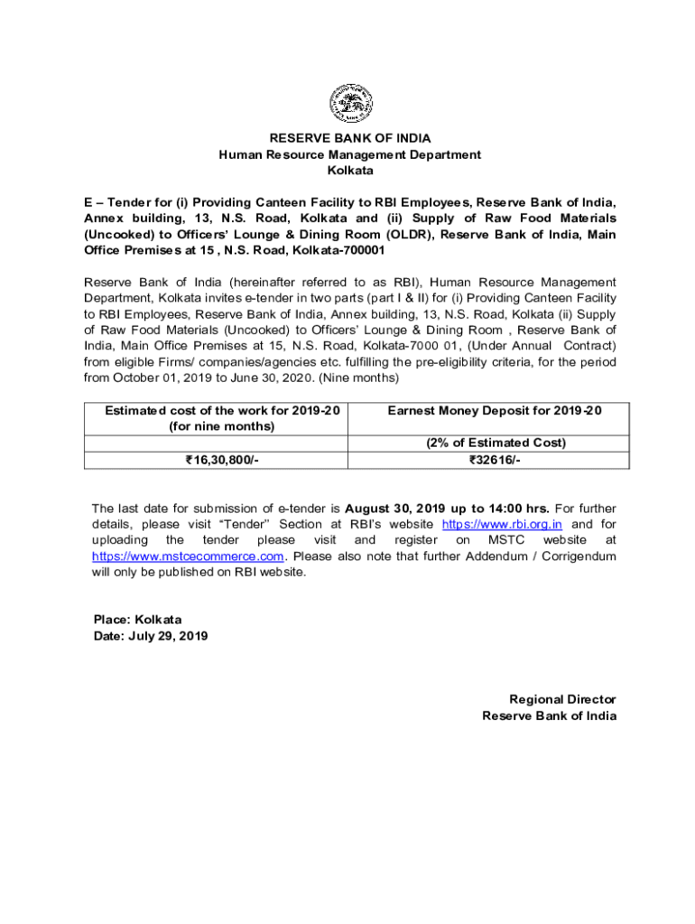 Fillable Online E Tender for (i) Providing Canteen Facility to RBI ...
