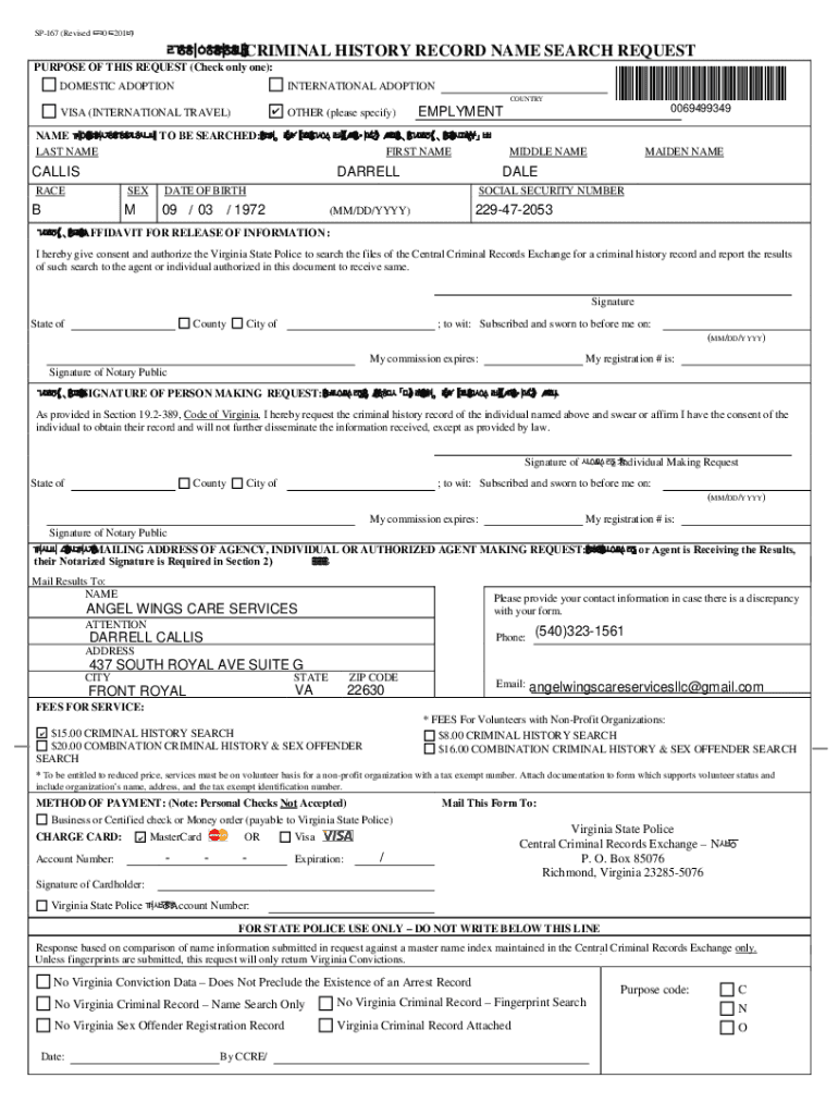 Fillable Online Virginia Criminal History Record Name Search Request ...