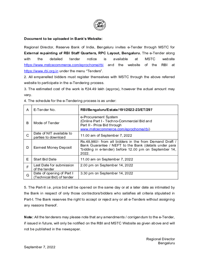 Fillable Online External repainting of RBI Staff Quarters, RPC Layout ...