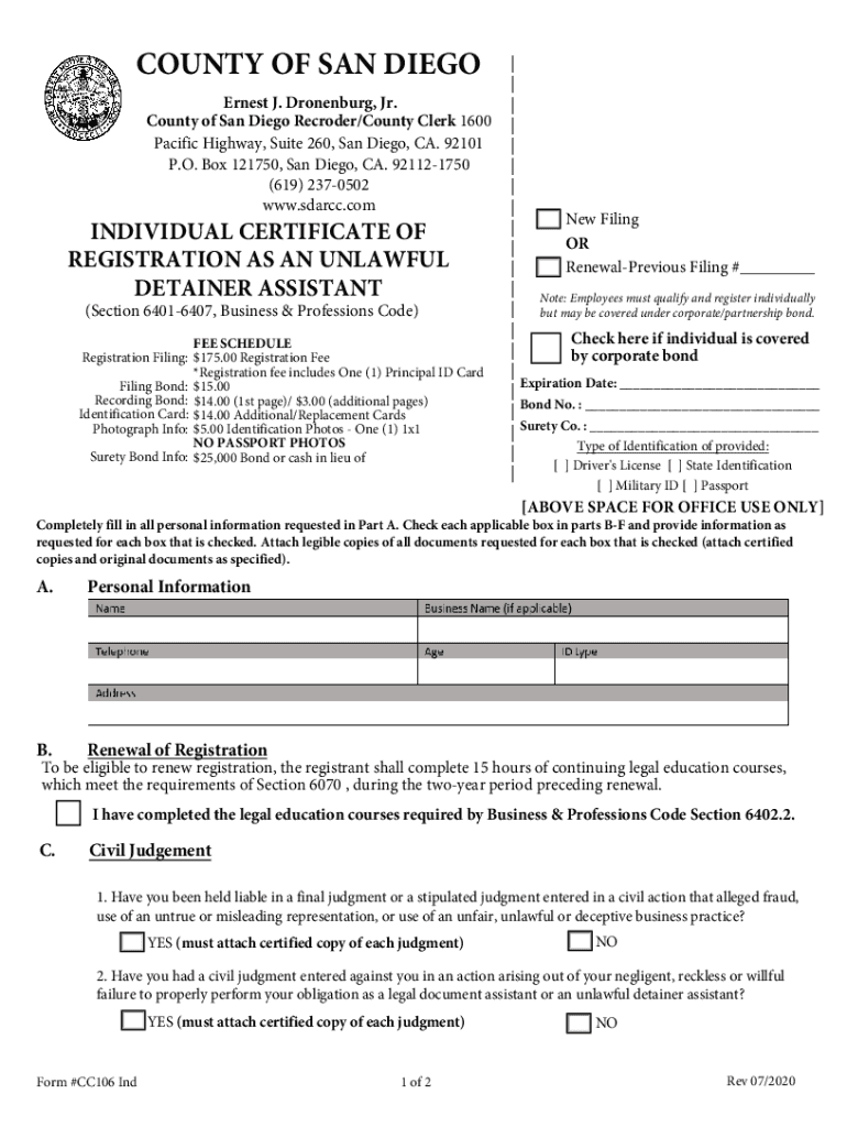Fillable Online Unlawful Detainer Assistant Registration - Individual ...