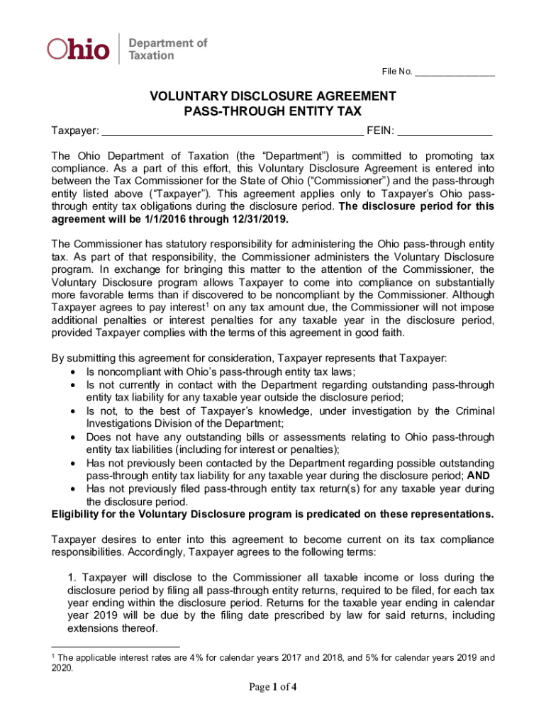 Fillable Online tax ohio Pass-Through Entity Owner Tax Agreement (Form ...