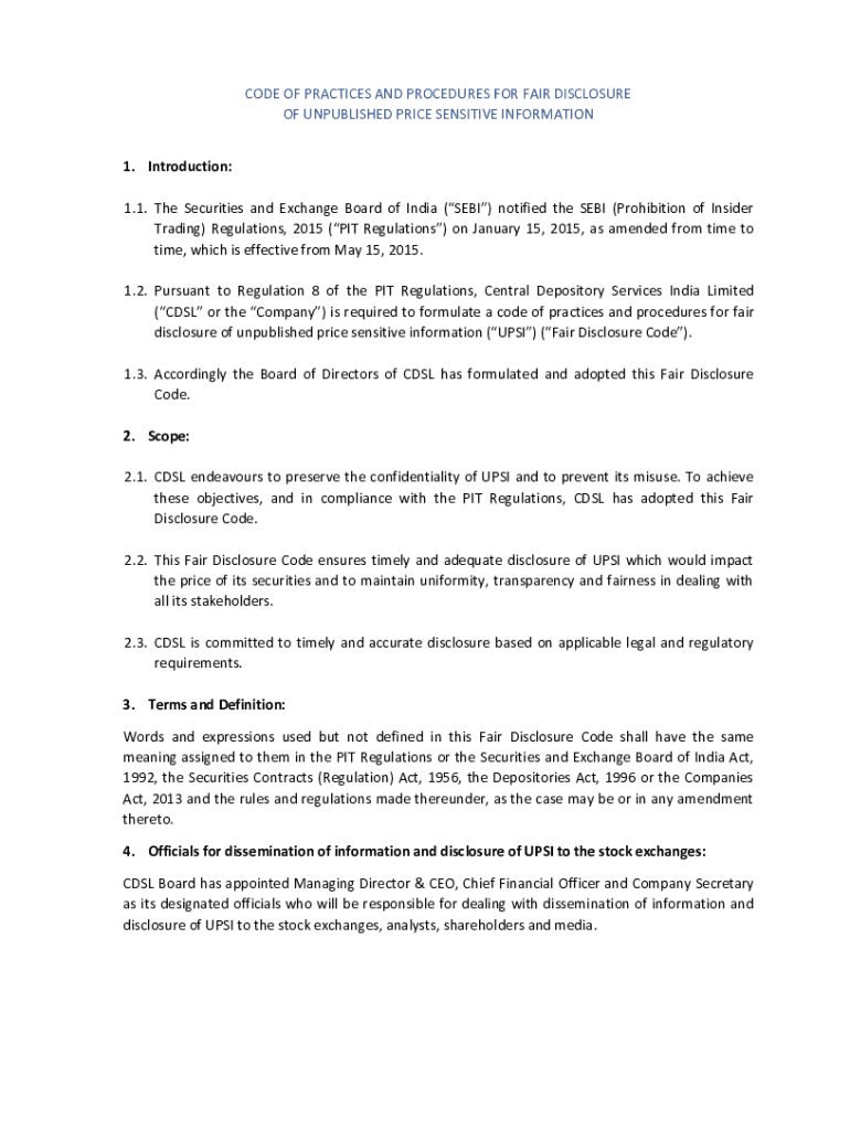 Fillable Online CODE OF PRACTICES AND PROCEDURES FOR FAIR DISCLOSURE OF ...