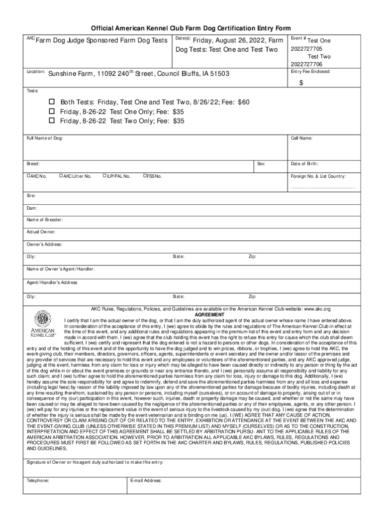 Fillable Online APPLICATION TO JUDGE FARM DOG CERTIFIED TESTS ...