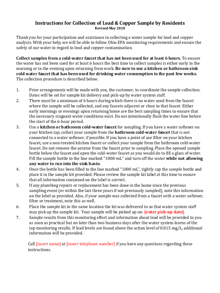 Fillable Online epa ohio Instructions for Collection of Lead & Copper ...