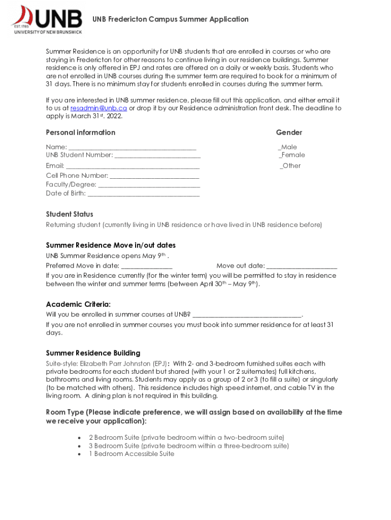 Fillable Online UNB Fredericton Campus Summer Application Personal ...