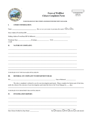 Fillable Online Town of Wellfleet Citizen Complaint Form Fax Email ...