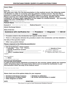 PHYSICIAN/CODER QUERY/CLARIFICATION Doc Template | pdfFiller