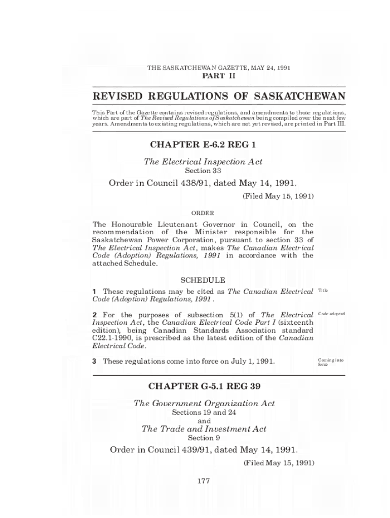 Fillable Online PART II/PARTIE II REVISED REGULATIONS OF REGULATIONS OF SASKATCHEWAN ... Fax ...