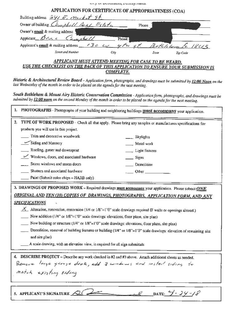 Fillable Online S t.llltayl vaiiia APPLICATION FOR CERTIFICATE OF APPROPRIATENESS (COA ... Fax ...