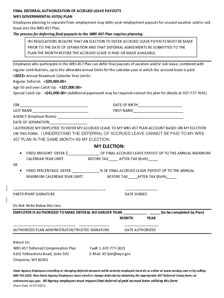 Fillable Online FINAL DEFERRAL AUTHORIZATION OF ACCRUED LEAVE PAYOUTS ...