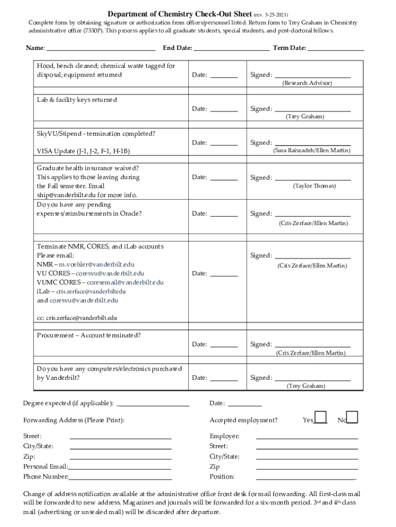 Fillable Online Fillable Online Department of Chemistry Check-Out Sheet ...