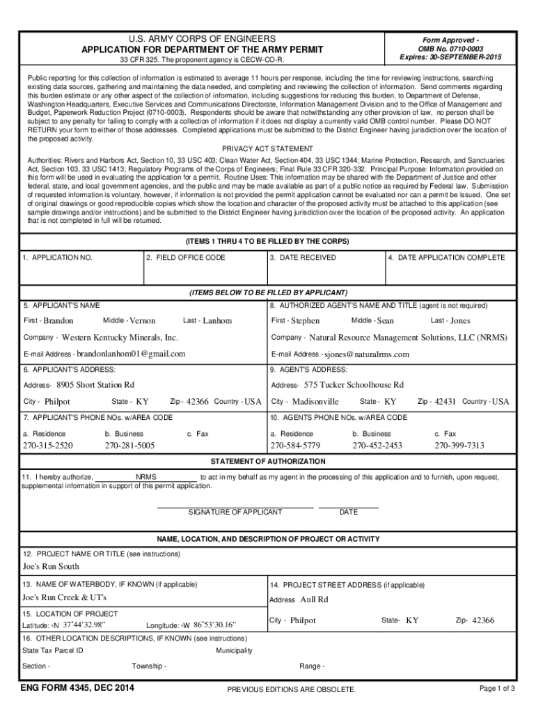 Fillable Online eec ky application for department of the army permit ...