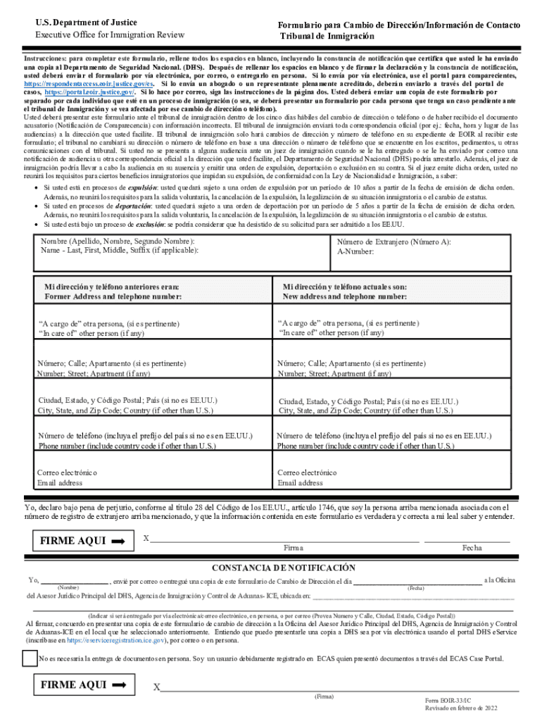 Fillable Online U.S. Department of Justice Formulario para Cambio de ...
