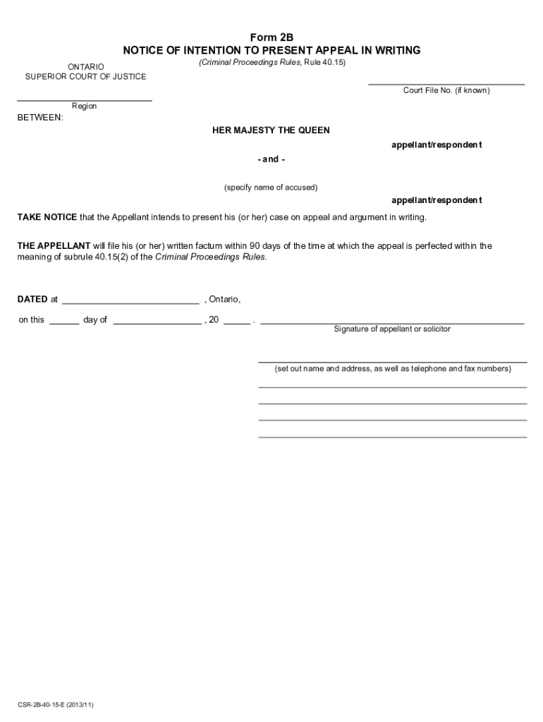 Fillable Online Form 2B - Notice of Intention to Present Appeal in ...