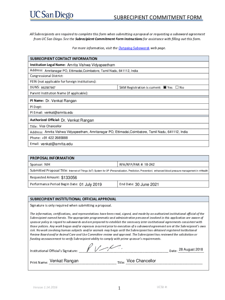 Fillable Online SUBRECIPIENT COMMITMENT FORM - California State University San Marcos Fax Email ...