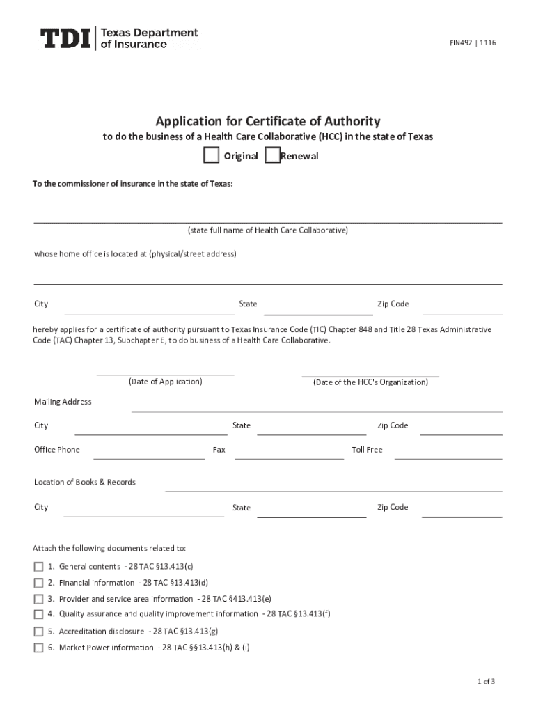 Fillable Online tdi texas Application for original or renewal of certificate of authority for ...