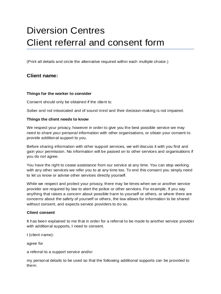 Diversion Centre Client referral and consent Doc Template | pdfFiller