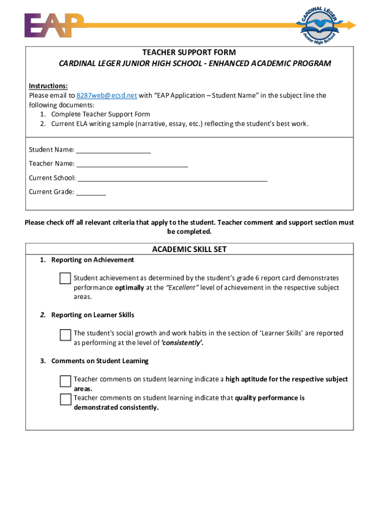 Fillable Online TEACHER SUPPORT FORM CARDINAL LEGER JUNIOR HIGH SCHOOL - ENHANCED ... Fax Email ...