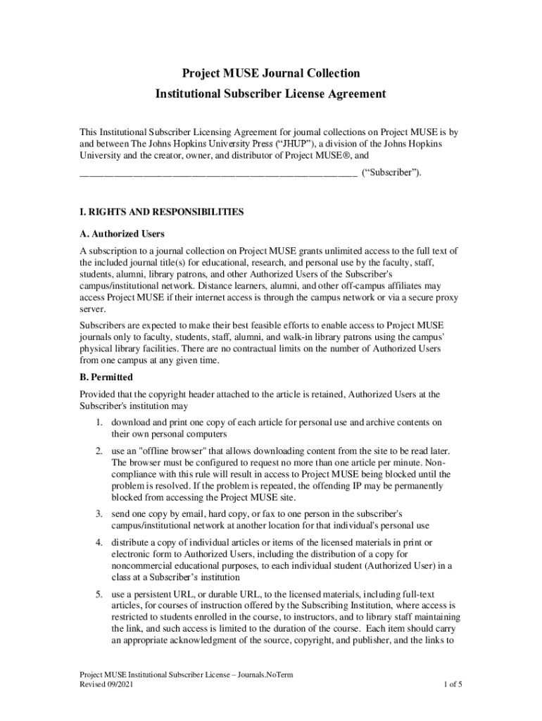 Fillable Online Project MUSE Journals Institutional Subscriber License ...