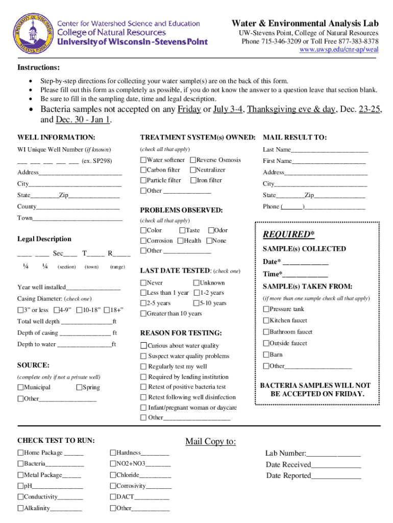 Fillable Online Water & Environmental Analysis Lab Bacteria samples not ...