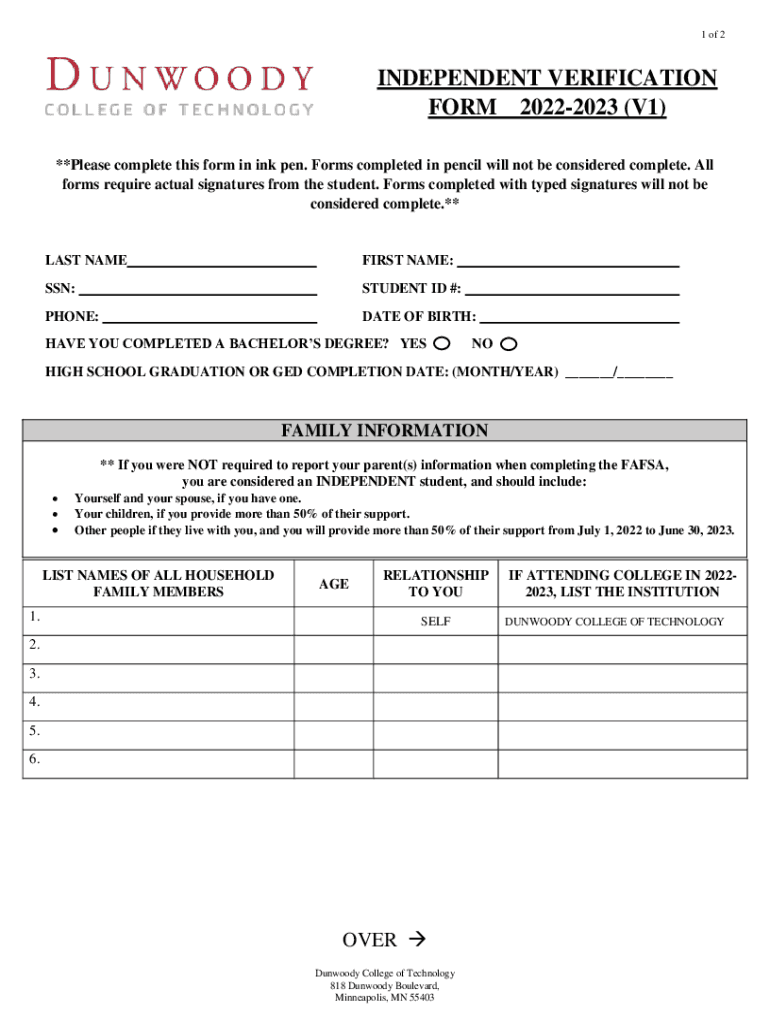 Fillable Online INDEPENDENT VERIFICATION FORM 2022-2023 (V1) Fax Email Print - pdfFiller
