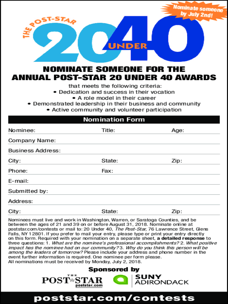 Fillable Online Post-Star seeks 20 Under 40 Awards nominees - Glens ...