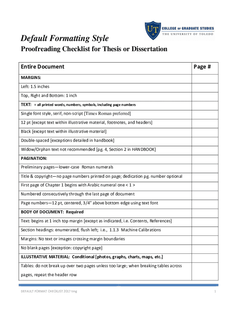 Fillable Online Proofreading Checklist for Thesis or Dissertation ...