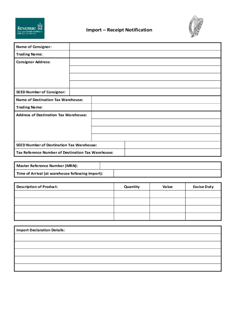 Fillable Online Import - Receipt Notification Form. Import - Receipt ...