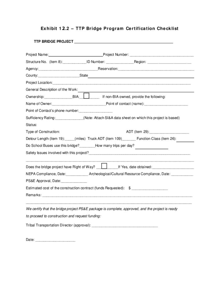 Fillable Online Exhibit 12.2 TTP Bridge Program Certification Checklist ...