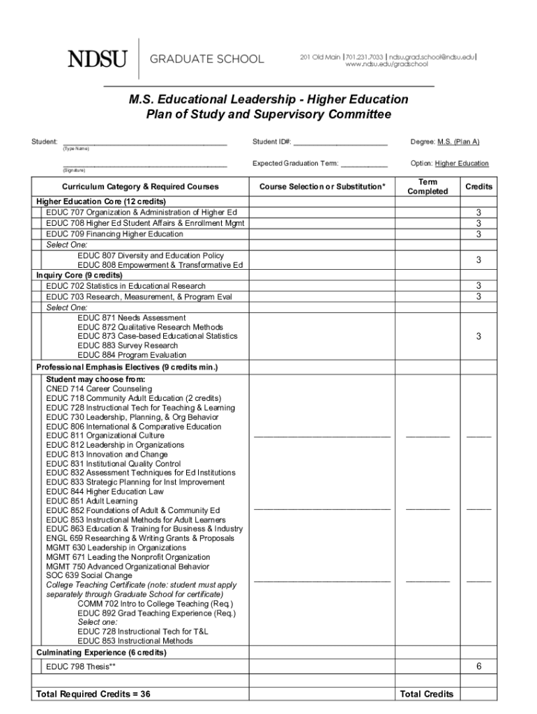 Fillable Online Plan of Study - MS Higher Education - Educational ...
