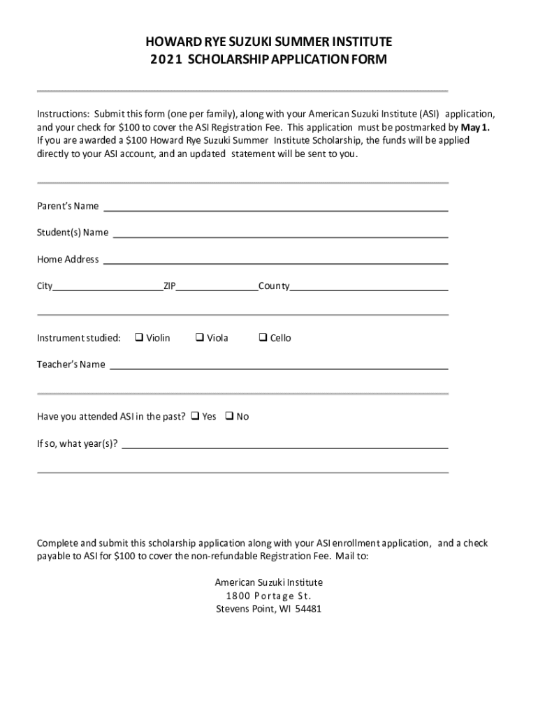 Fillable Online HOWARD RYE SUZUKI SUMMER INSTITUTE 20 20 SCHOLARSHIP ...